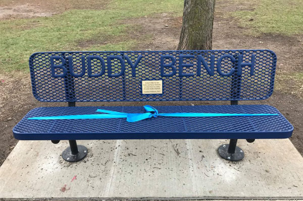 8 ft Buddy Bench with Plaque | 20 Year Warranty | Perforated Steel